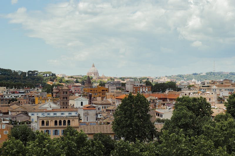 Panoramic view of Rome cityscape with St Peters Basilica dome