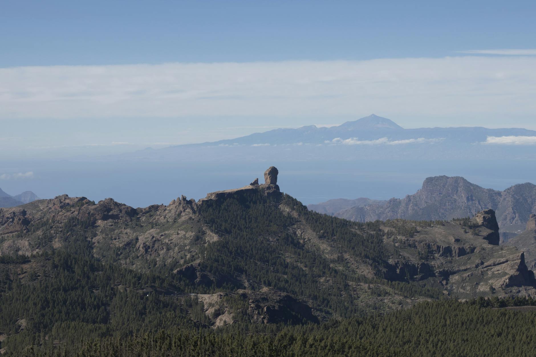 Roque Nublo with Mount Teide visible in the distance from Gran Canaria
