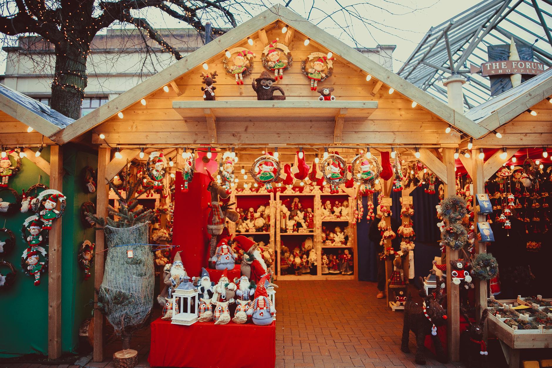 Christmas market stall with festive decorations