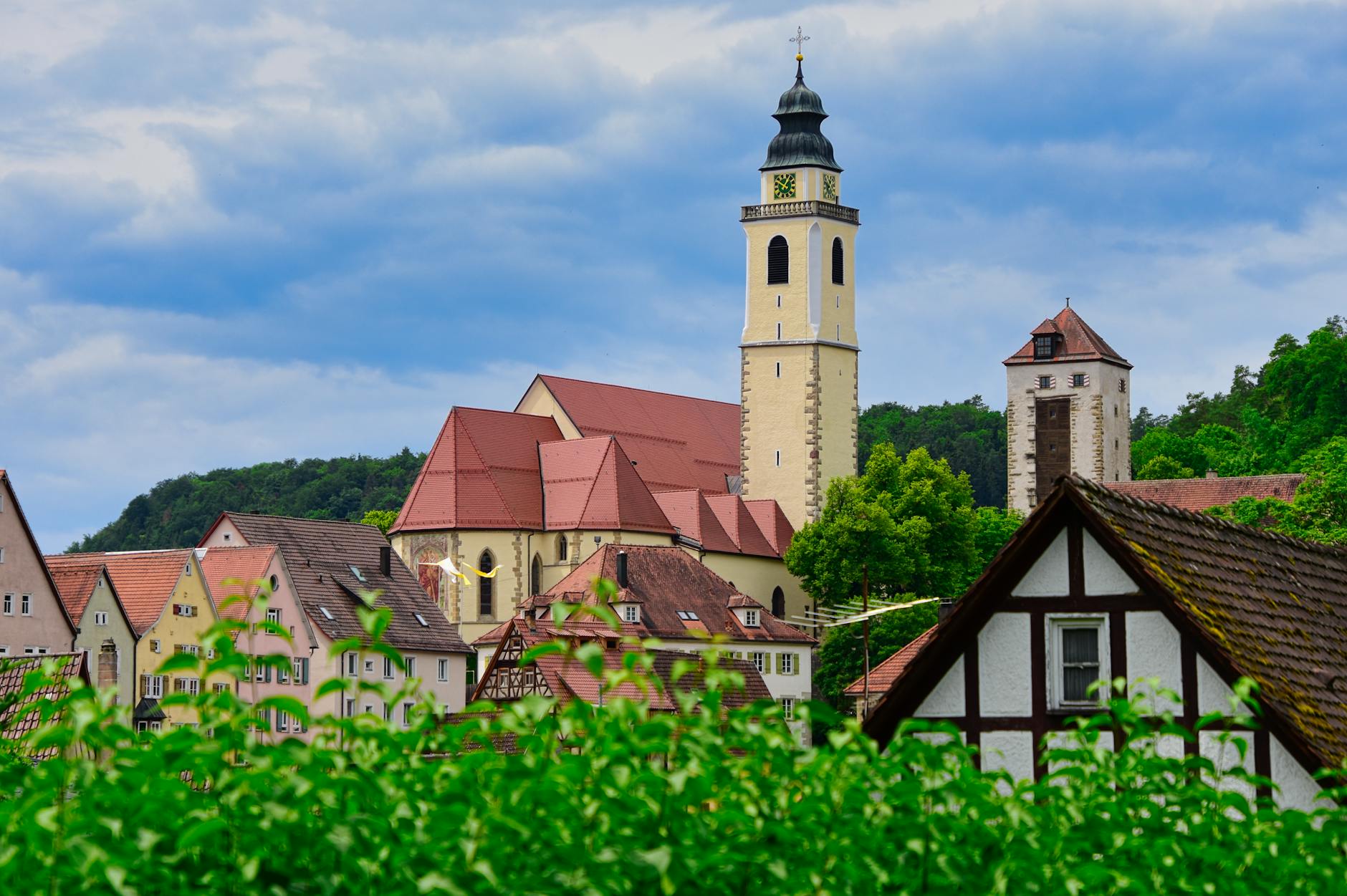 German village with church towers in a scenic setting