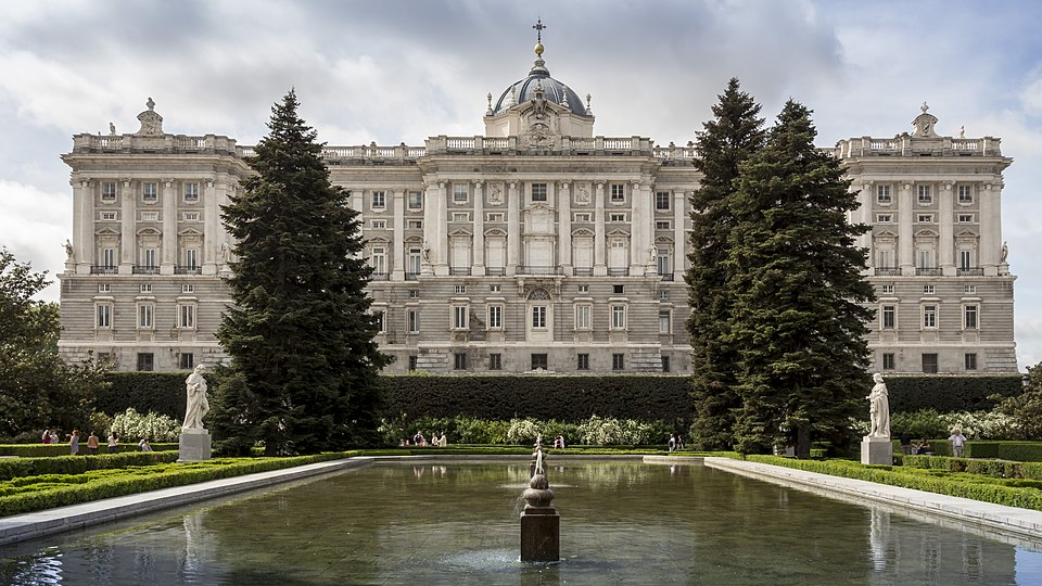 Gardens surrounding the Royal Palace of Madrid with manicured hedges