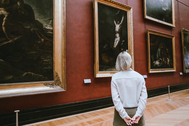 A woman observing paintings in a museum gallery from behind