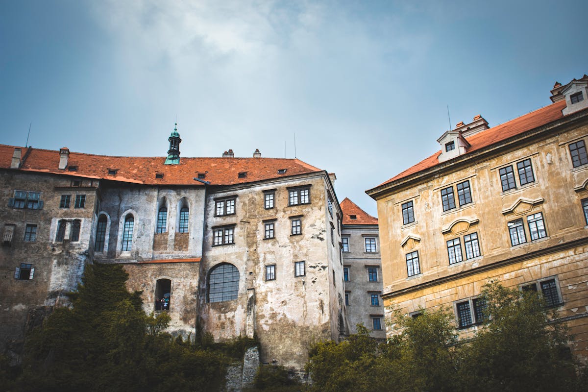 Rustic architecture of Cesky Krumlov Castle with stone walls and Renaissance details