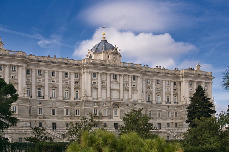 The formal Sabatini Gardens with clipped hedges leading up to the Royal Palace