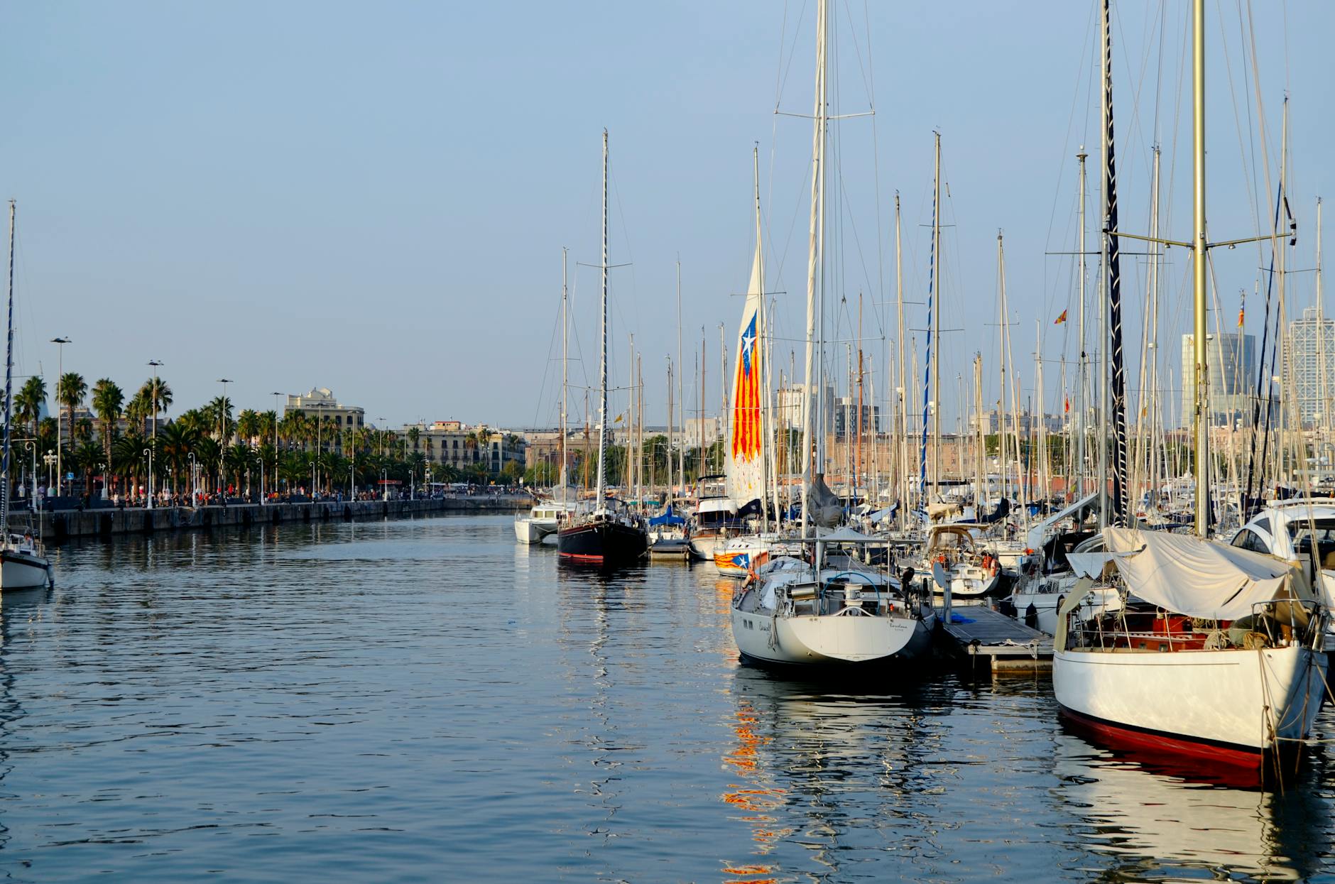 Sailboats moored at Port Vell marina in Barcelona with the city skyline behind