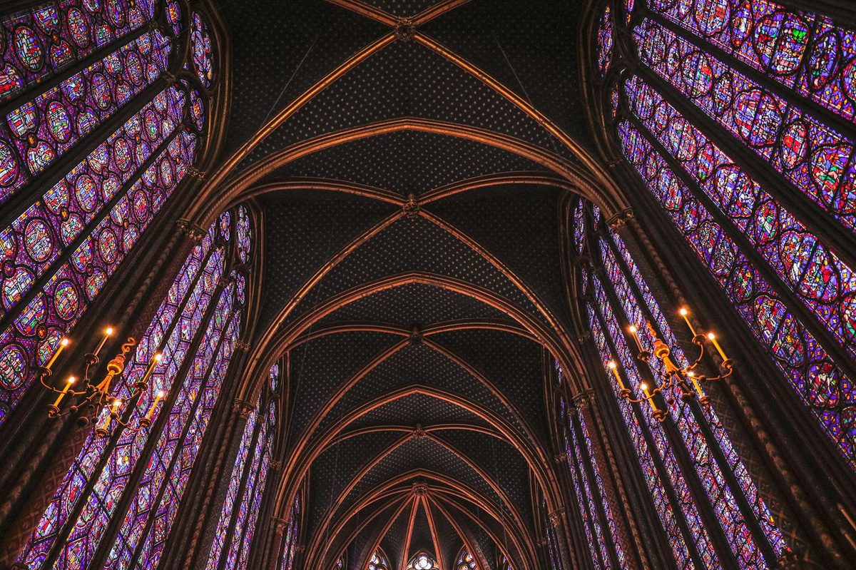 Gothic ribbed vault ceiling with stained glass at Sainte-Chapelle in Paris