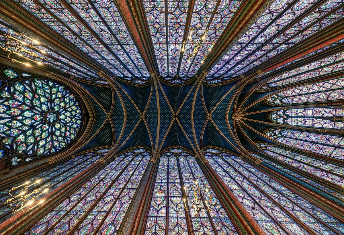 Gothic stained glass ceiling inside Sainte-Chapelle chapel in Paris