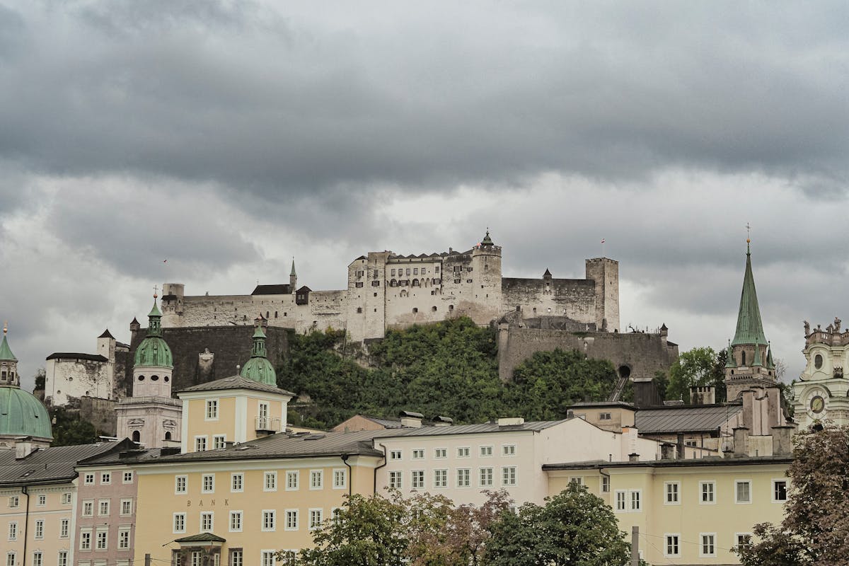 Hohensalzburg Fortress atop hill overlooking Salzburg Austria