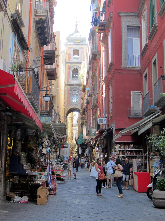View down Via San Gregorio Armeno in Naples showing the famous nativity scene artisan shops and workshops