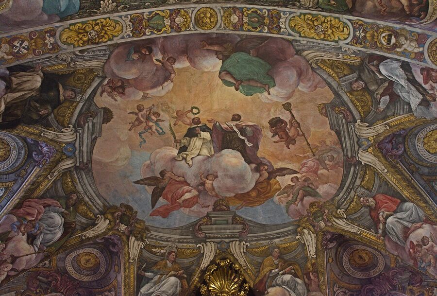 Baroque frescoes on the ceiling of Sant Nicolau Church showing scenes of Peter of Verona and Saint Nicolas