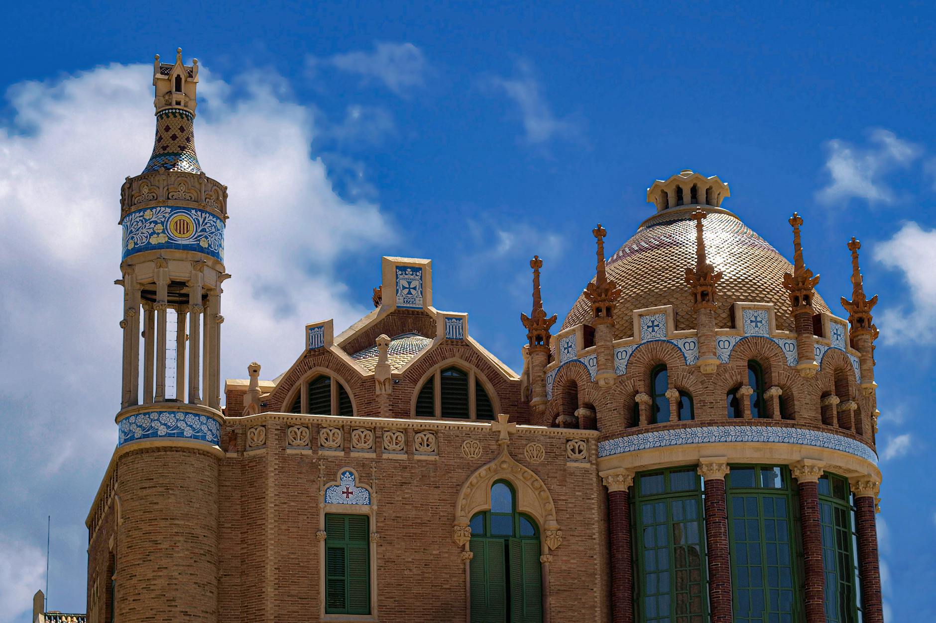 Ornate towers and decorative brickwork at Hospital de Sant Pau Barcelona