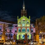 Sant Pau Recinte Modernista illuminated at night in Barcelona