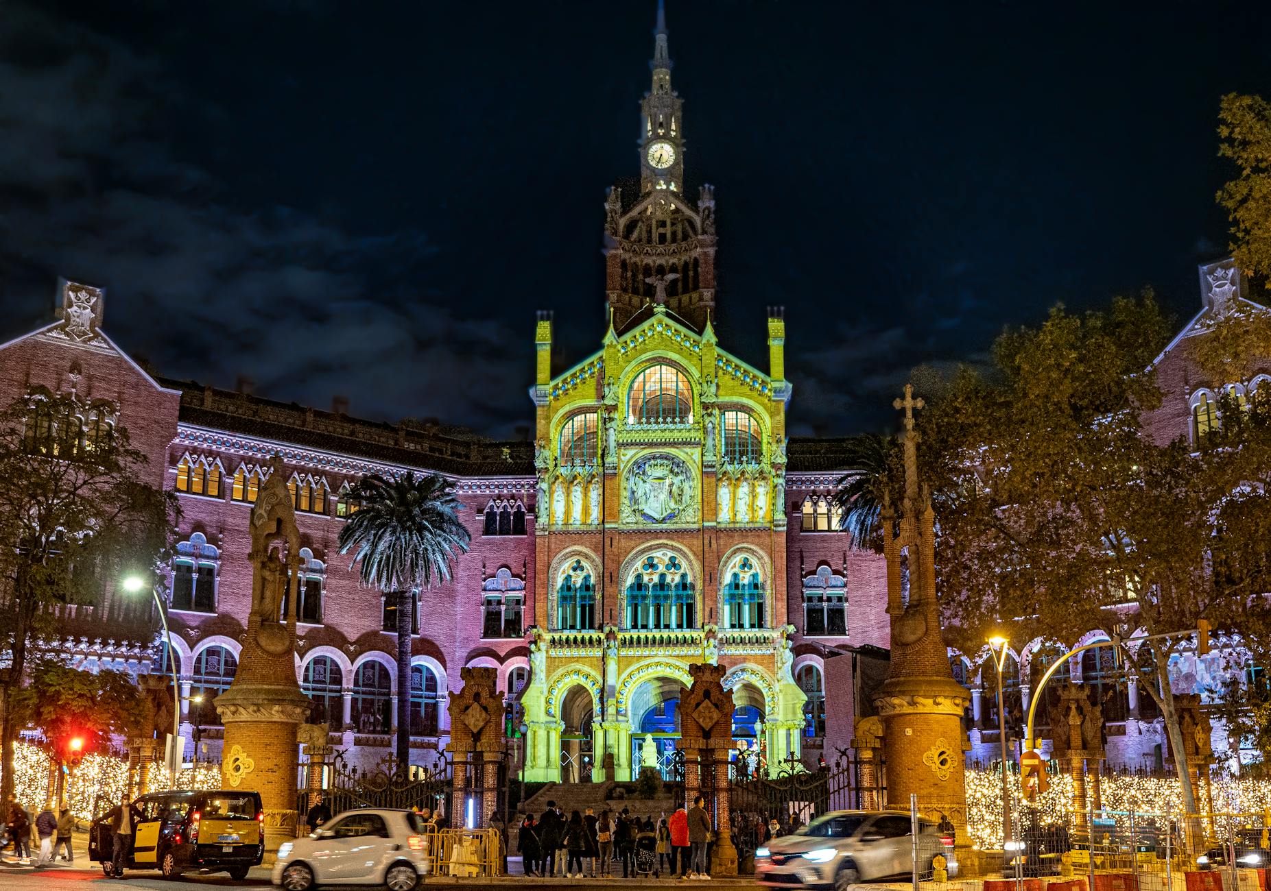 Sant Pau Recinte Modernista illuminated at night in Barcelona