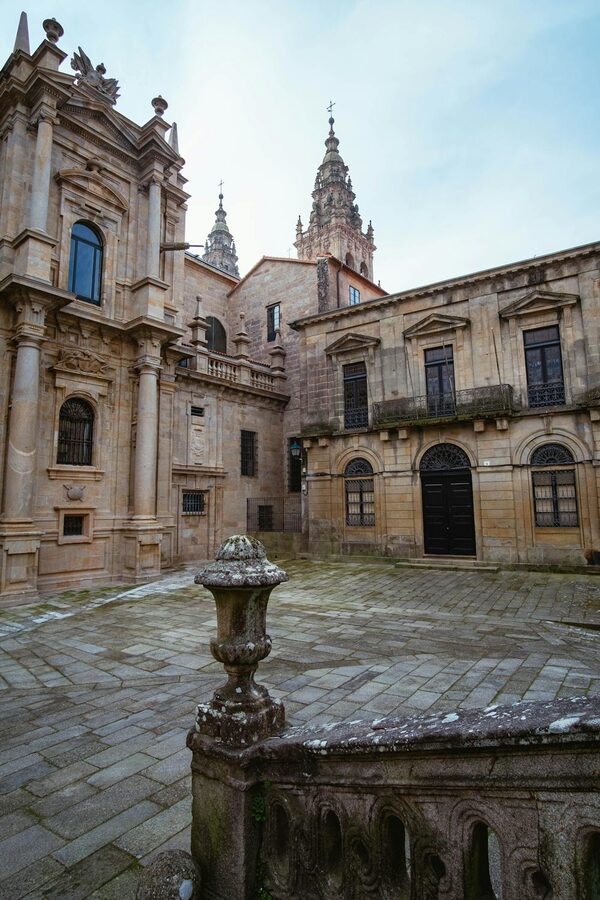 Intricate baroque stone carvings on Santiago de Compostela cathedral