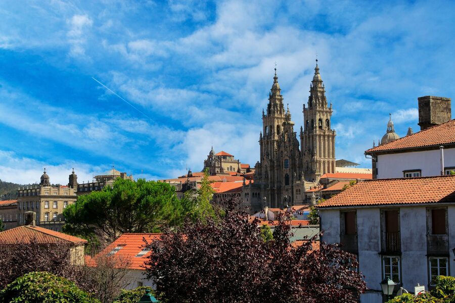 Panoramic view of Santiago de Compostela with the cathedral against a blue sky