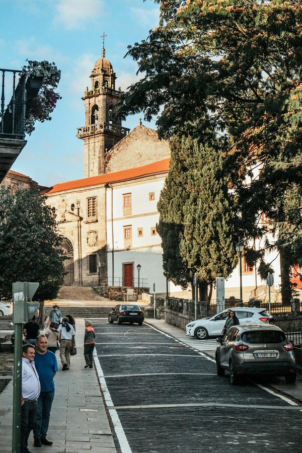 Historic church on a sunny street in Santiago de Compostela Spain