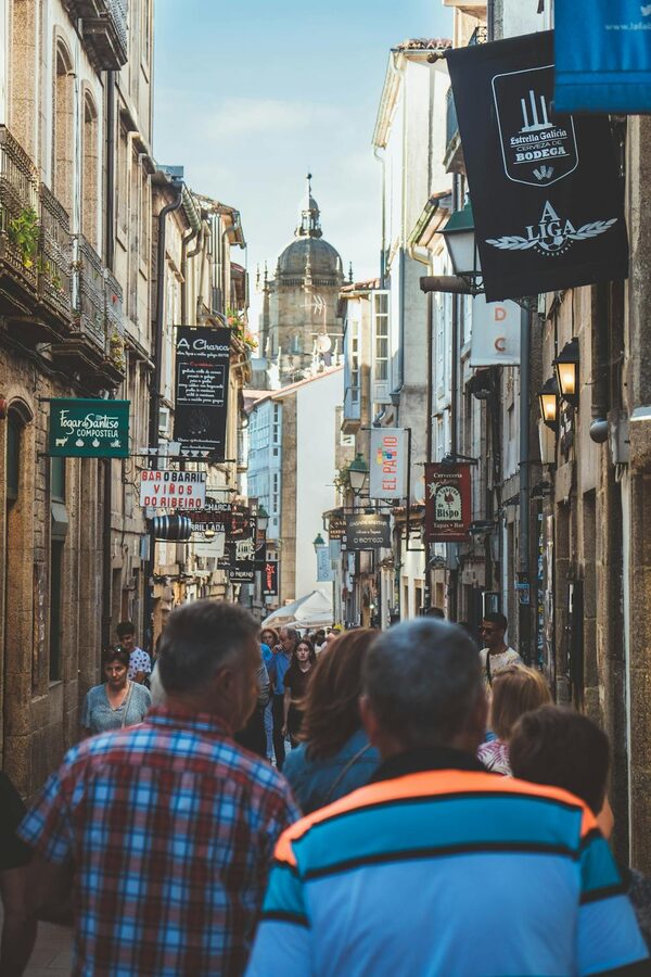 Busy street scene in the old town of Santiago de Compostela
