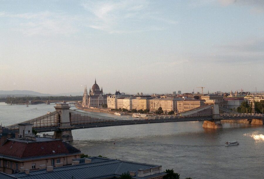Scenic view of the Chain Bridge and Hungarian Parliament Building at sunset