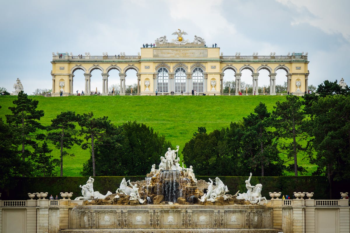 Gloriette building at Schonbrunn Palace with gardens in Vienna
