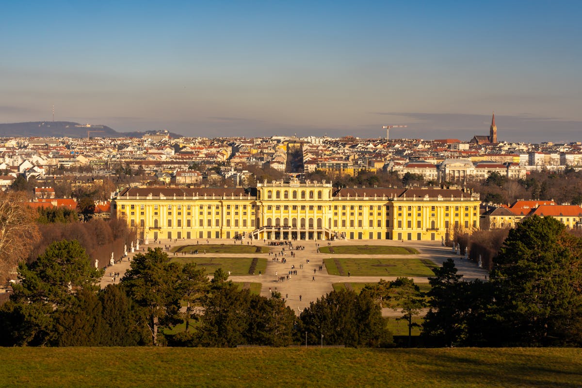 Panoramic view of Schonbrunn Palace in Vienna Austria under clear sky