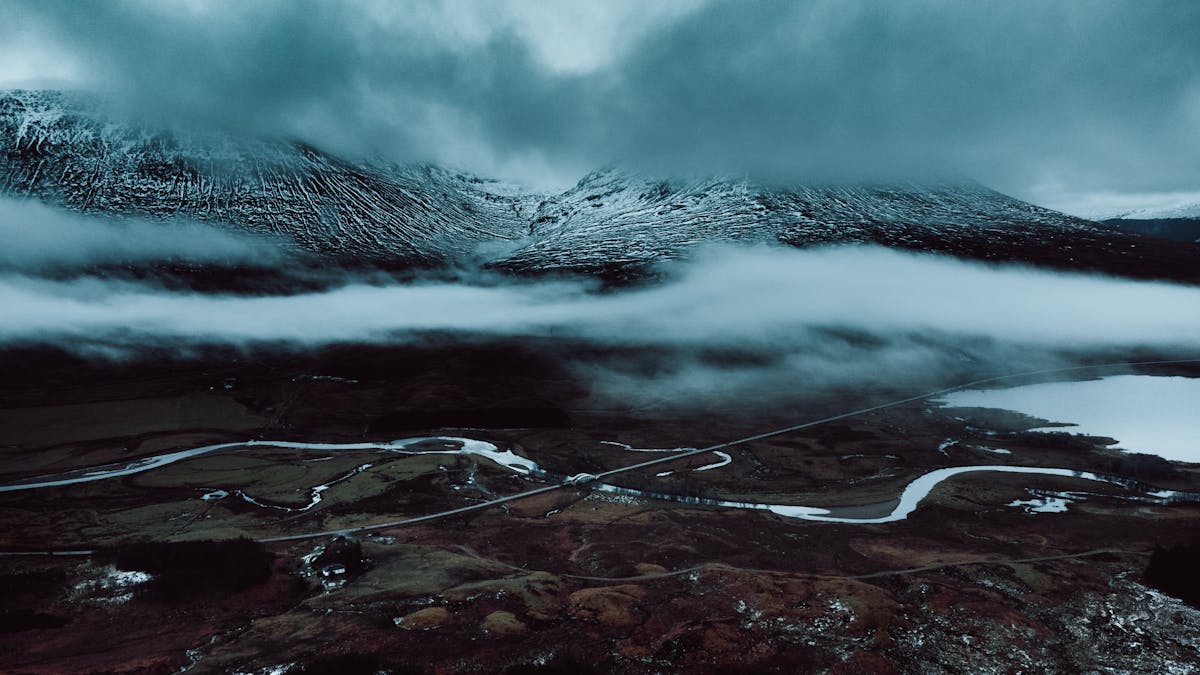 Aerial view of the Scottish Highlands with snow-capped mountains