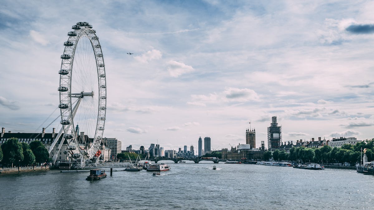 London Eye on a clear day with the Thames in the foreground