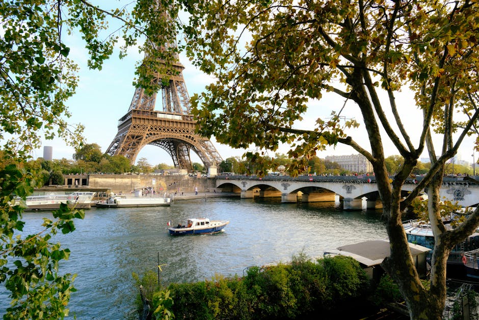 View of the Eiffel Tower across the Seine River framed by lush green trees in Paris