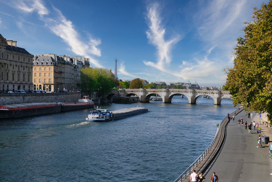 Scenic view of Paris along the Seine River with the Eiffel Tower visible behind historic architecture