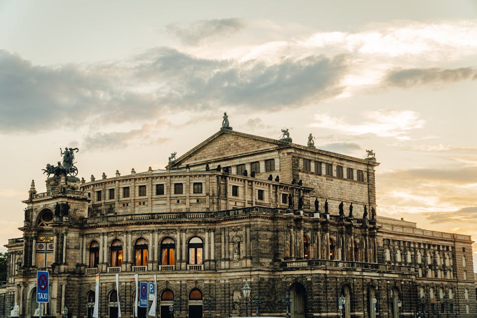 The Semperoper opera house in Dresden glowing at sunset