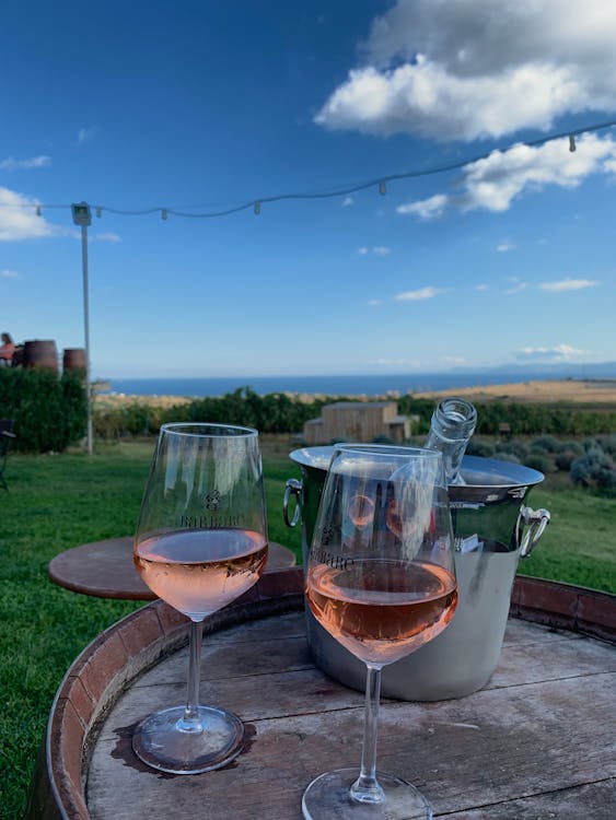 Serene vineyard setting with rosé wine glasses and ocean view.