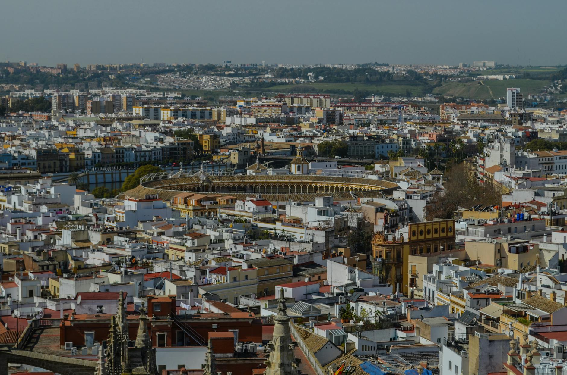 Aerial view of Seville bullring and surrounding historic buildings