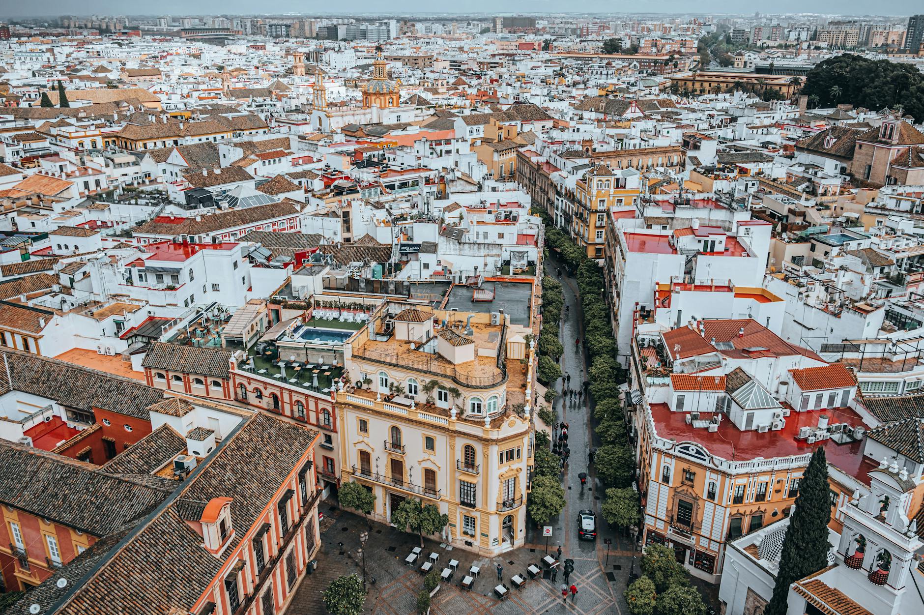 Dense aerial view of Seville's historic center showing the tightly packed old town