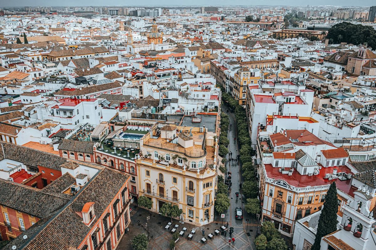 Aerial view of Seville showing dense historic architecture