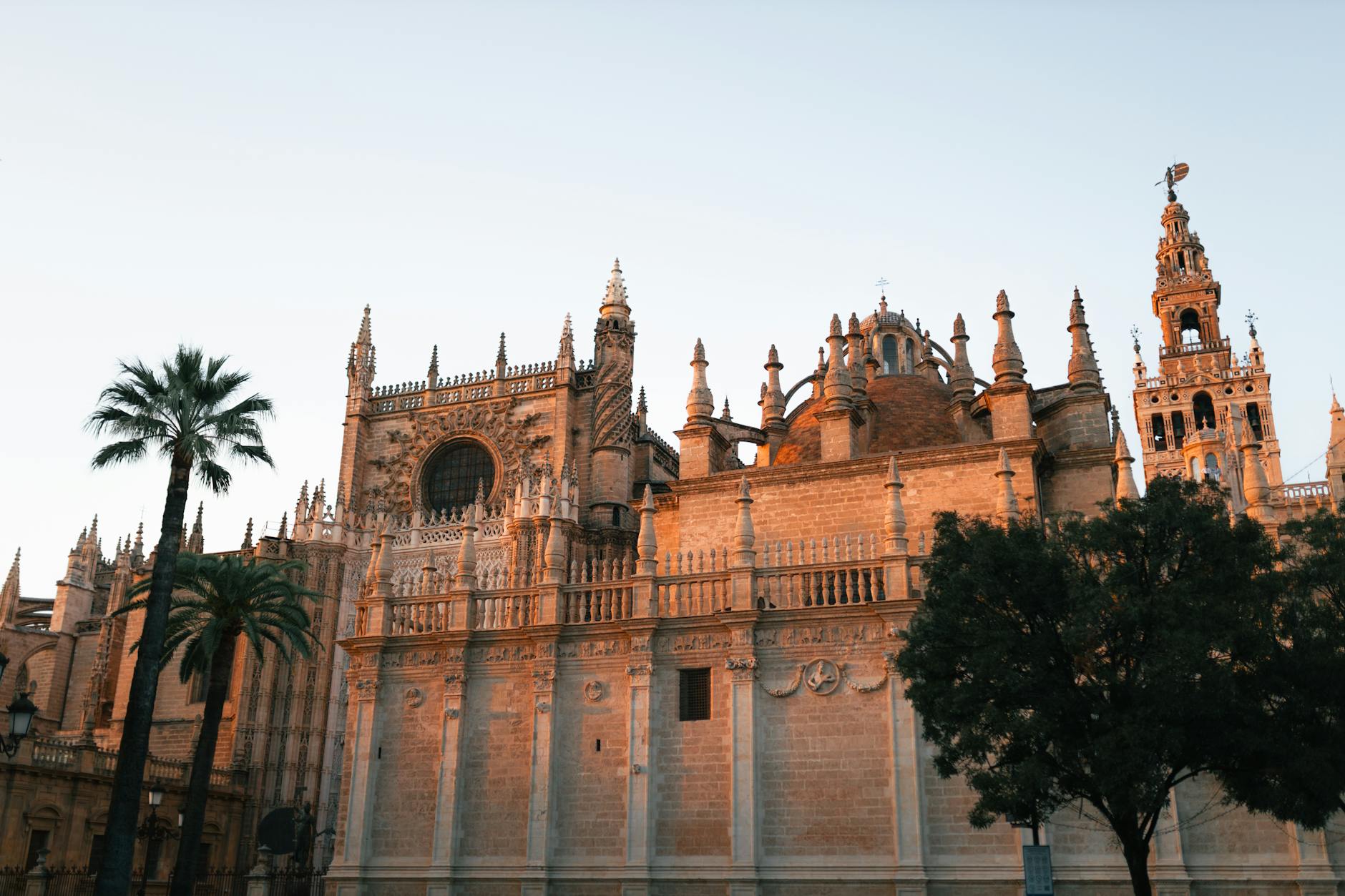 Seville Cathedral facade illuminated by warm evening light