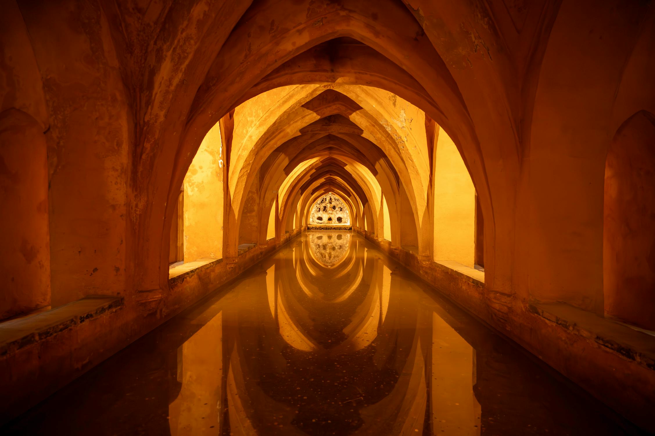 Underground baths with arched ceilings reflected in still water inside the Alcazar of Seville