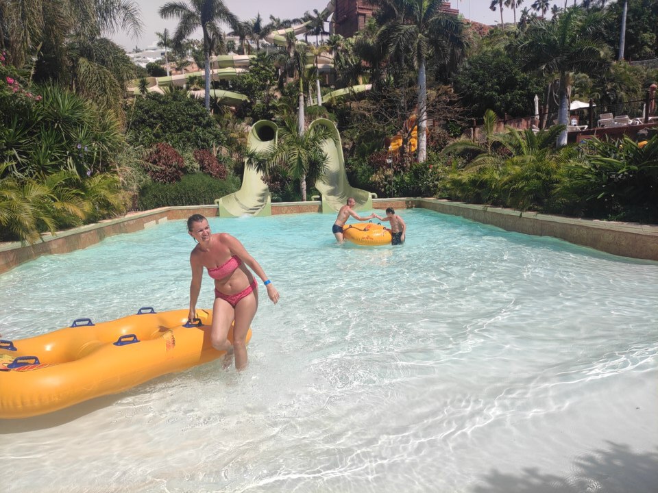 Tower structure and water attractions at Siam Park, Tenerife