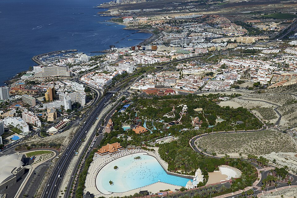 Aerial view of Costa Adeje resort area with Siam Park visible, Tenerife