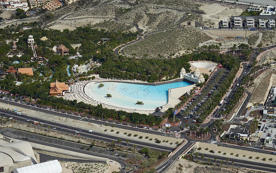 Aerial view of Siam Park water park in Costa Adeje, Tenerife