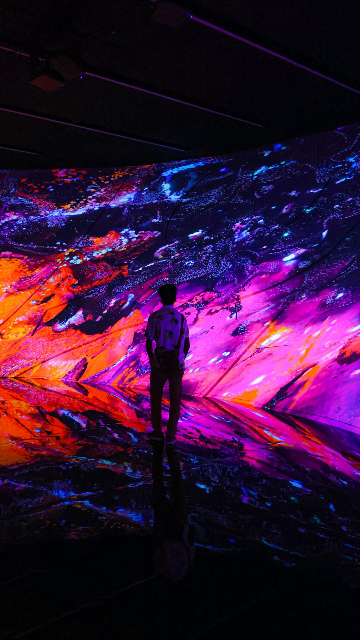 A silhouette of a person standing in a colorful digital art installation with reflections