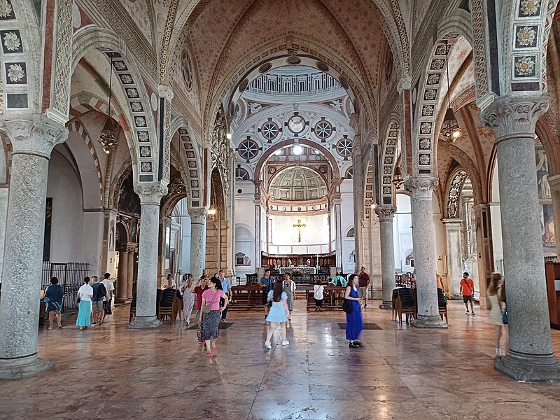 The nave interior of Santa Maria delle Grazie church in Milan with arched columns