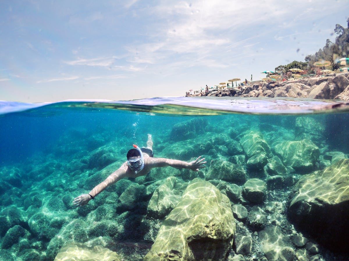 Snorkeler swimming near a rocky coastline underwater