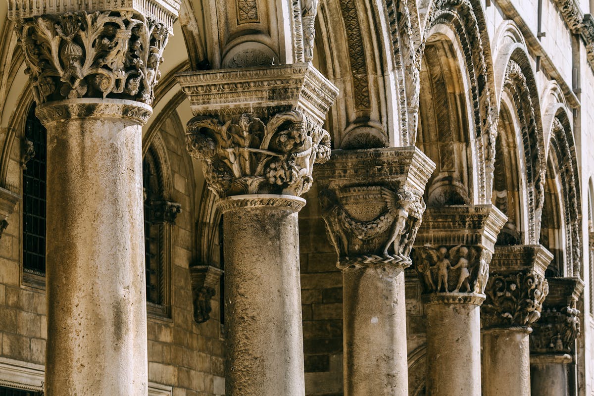 Stone arches and columns of Diocletian Palace in Split Croatia