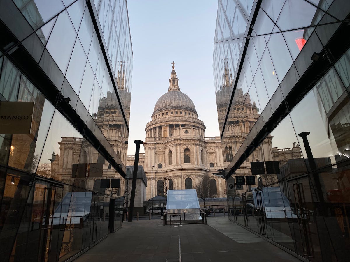 St Paul's Cathedral framed by modern glass buildings in London