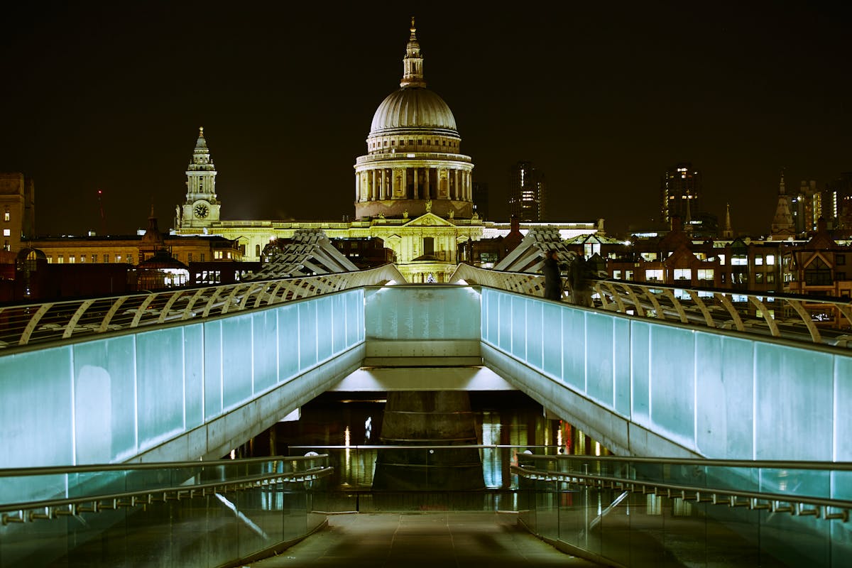 St Paul's Cathedral from Millennium Bridge at night