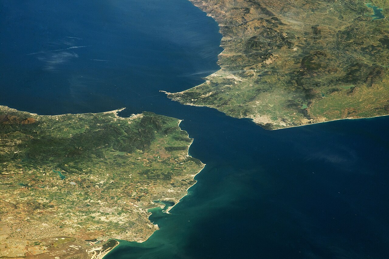 NASA satellite photograph showing the Strait of Gibraltar connecting the Atlantic Ocean and Mediterranean Sea