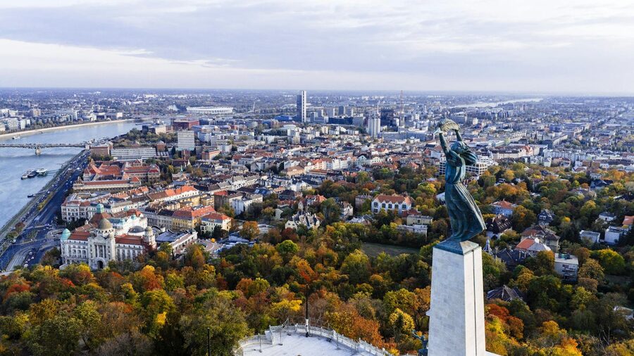 Aerial view of Budapest with the iconic Liberty Statue