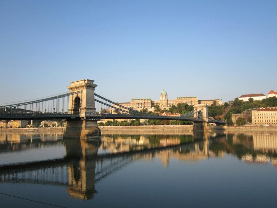 Reflection of the Chain Bridge and Buda Castle over the Danube