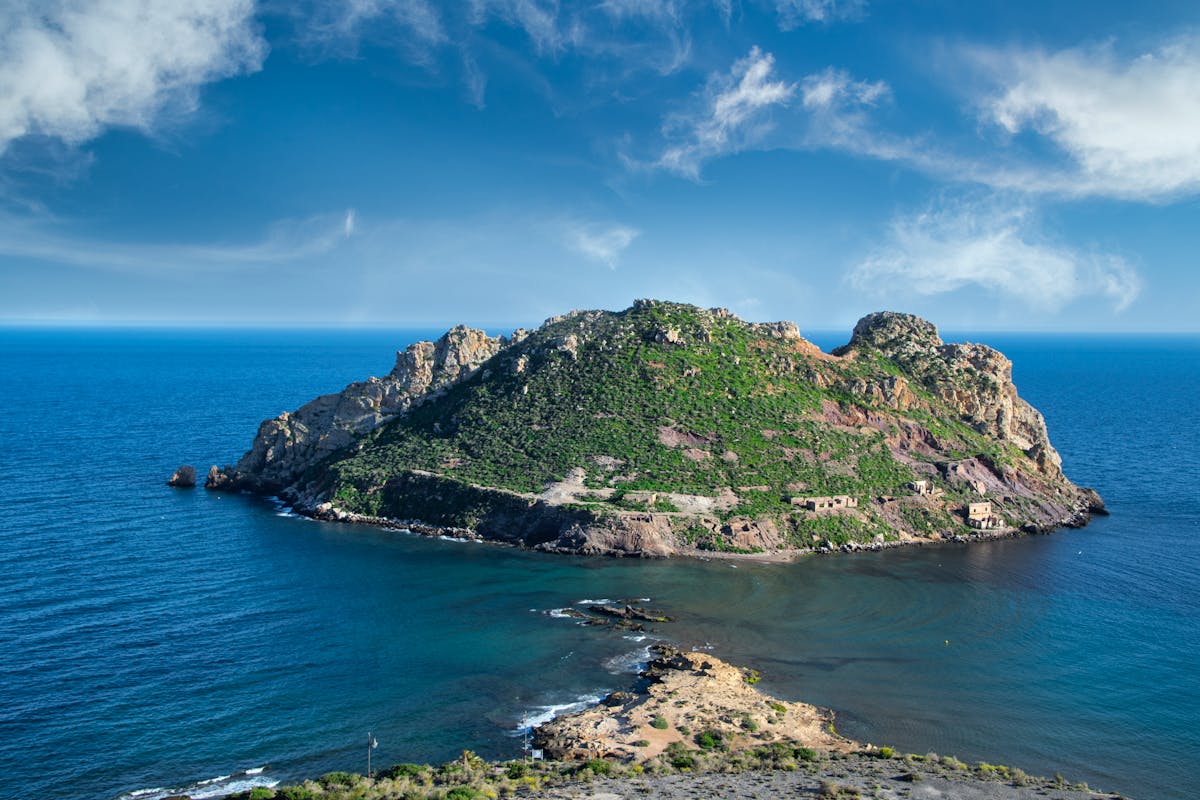Aerial view of Tabarca Island surrounded by clear blue Mediterranean waters