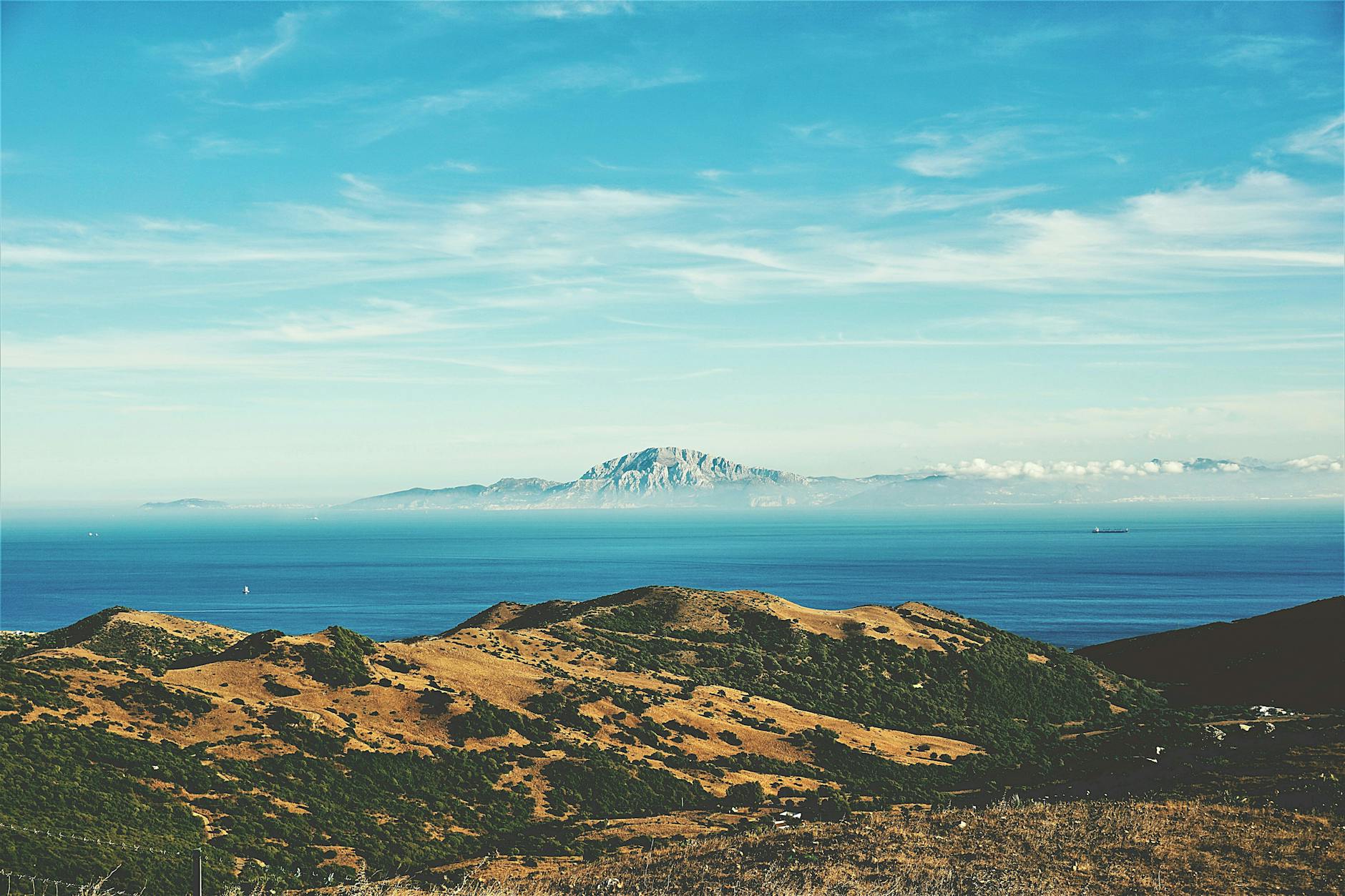 View from Tarifa Spain with African coast visible across the Strait of Gibraltar