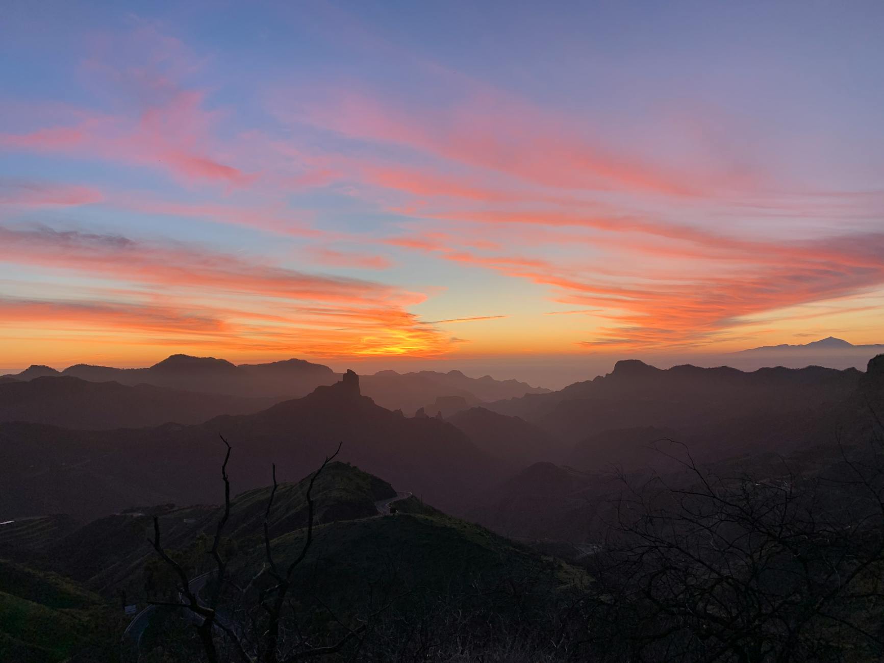 Dramatic sunset over the mountainous landscape of Tejeda in Gran Canaria